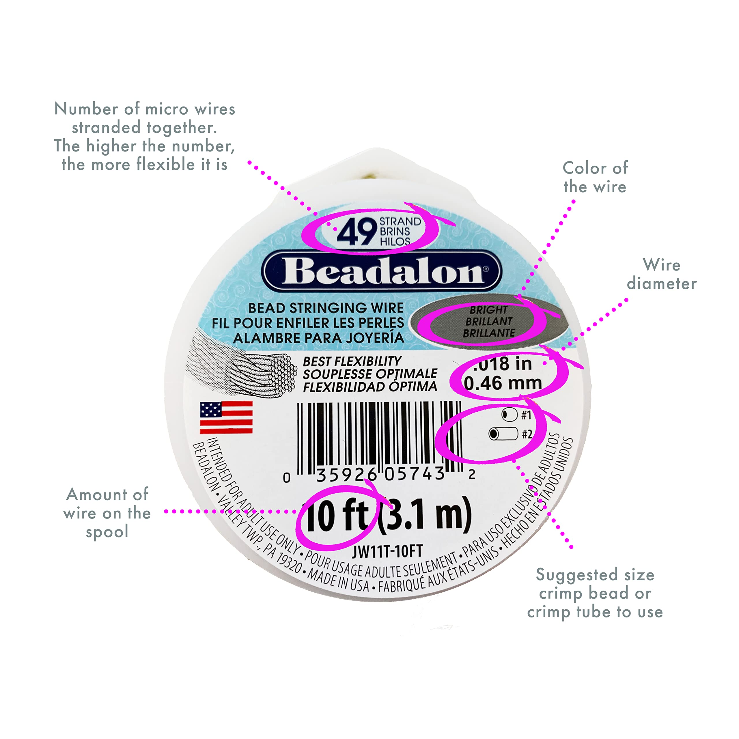 Beadalon 49-Strand 0.018" (0.46 mm) 30 ft (9.1 m) Bright Bead Stringing Wire.018 9.2 m