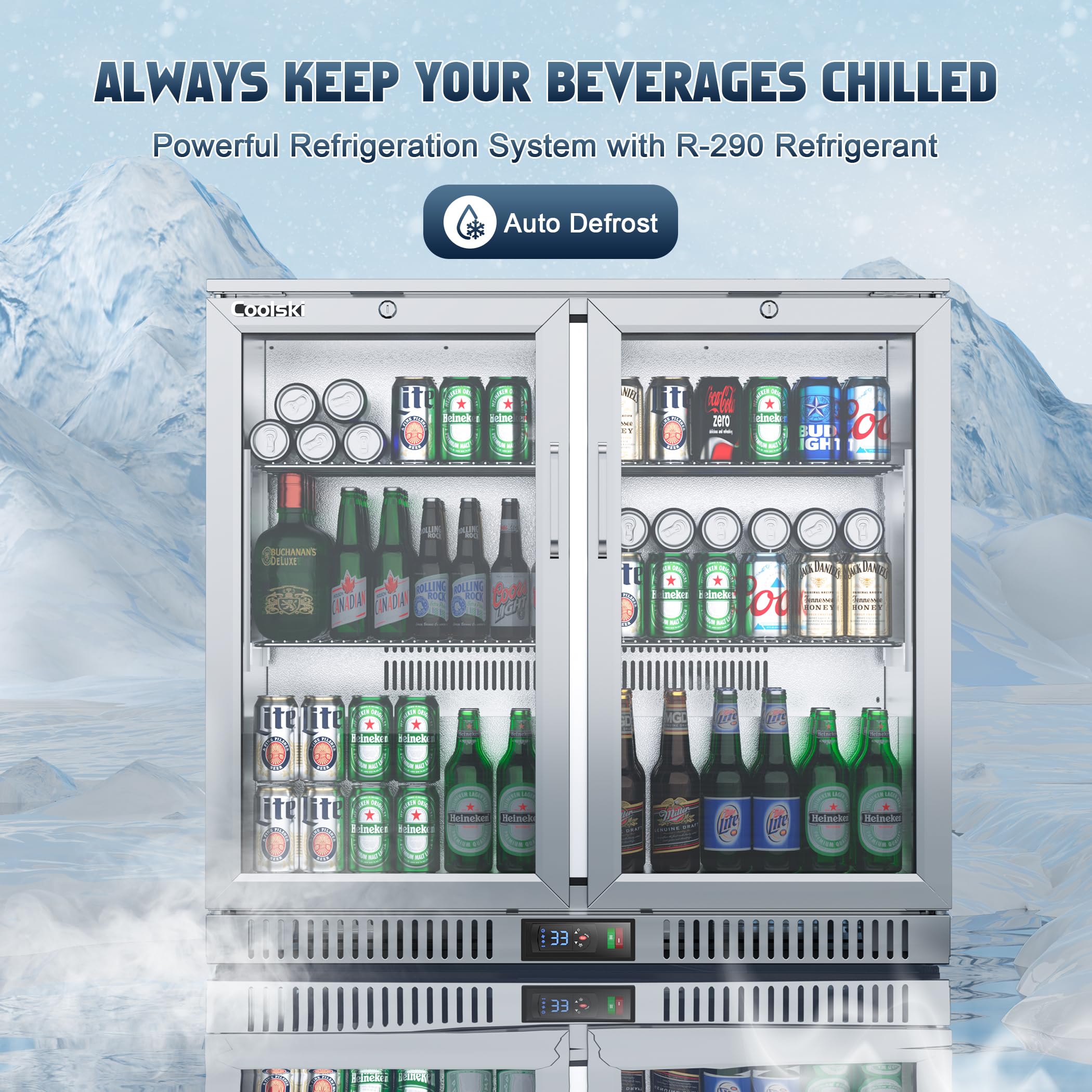 Coolski Back Bar Cooler Counter Height Beverage Refrigerator with 2 Glass Doors, Commercial Undercounter Display Fridge for Beer Soda Wine, 7.4 Cu.Ft. Capacity/LED Lighting/ETL NSF Approved