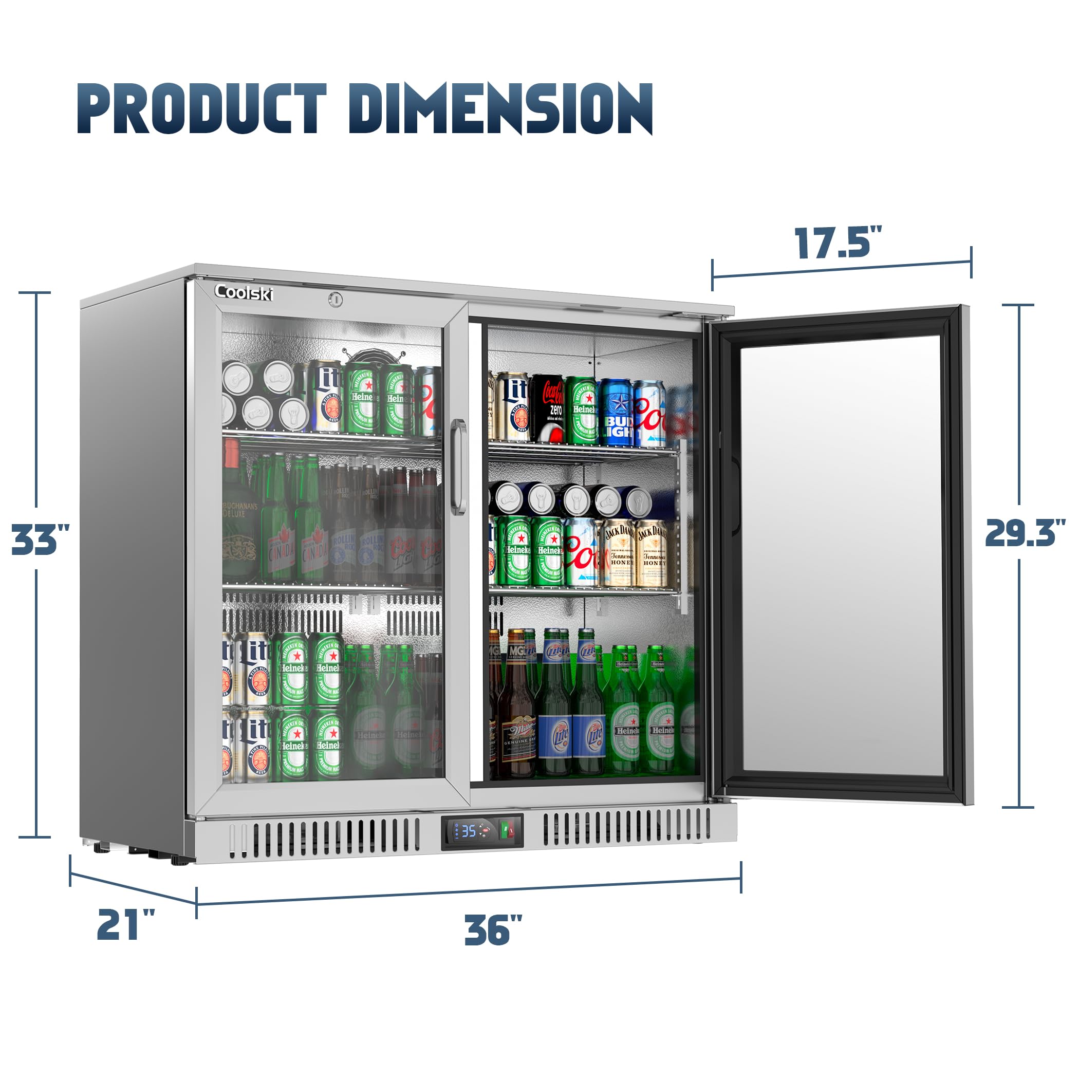 Coolski Back Bar Cooler Counter Height Beverage Refrigerator with 2 Glass Doors, Commercial Undercounter Display Fridge for Beer Soda Wine, 7.4 Cu.Ft. Capacity/LED Lighting/ETL NSF Approved