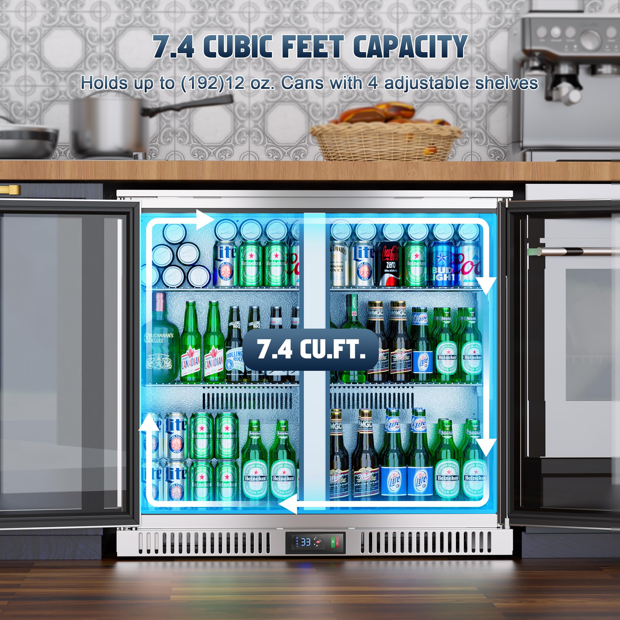 Coolski Back Bar Cooler Counter Height Beverage Refrigerator with 2 Glass Doors, Commercial Undercounter Display Fridge for Beer Soda Wine, 7.4 Cu.Ft. Capacity/LED Lighting/ETL NSF Approved