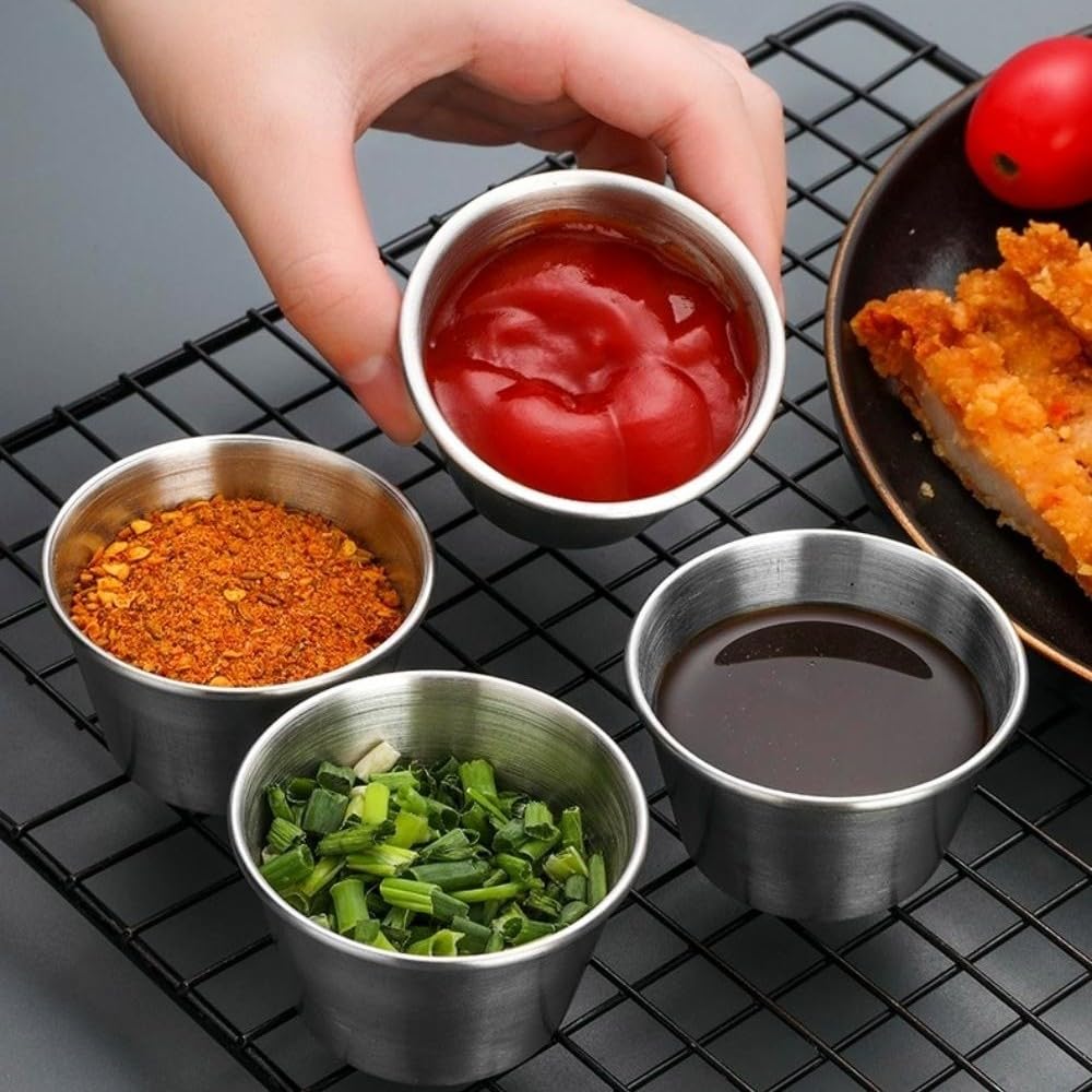 DREAM HORSE 9PCS Salad Dressing Container To Go, Airtight Leakproof Reusable Food Storage, Dipping Sauce Cups Set, Perfect for Snacks, Dips, and Meal Prep, Small Stainless Steel Dipping Sauce Cups