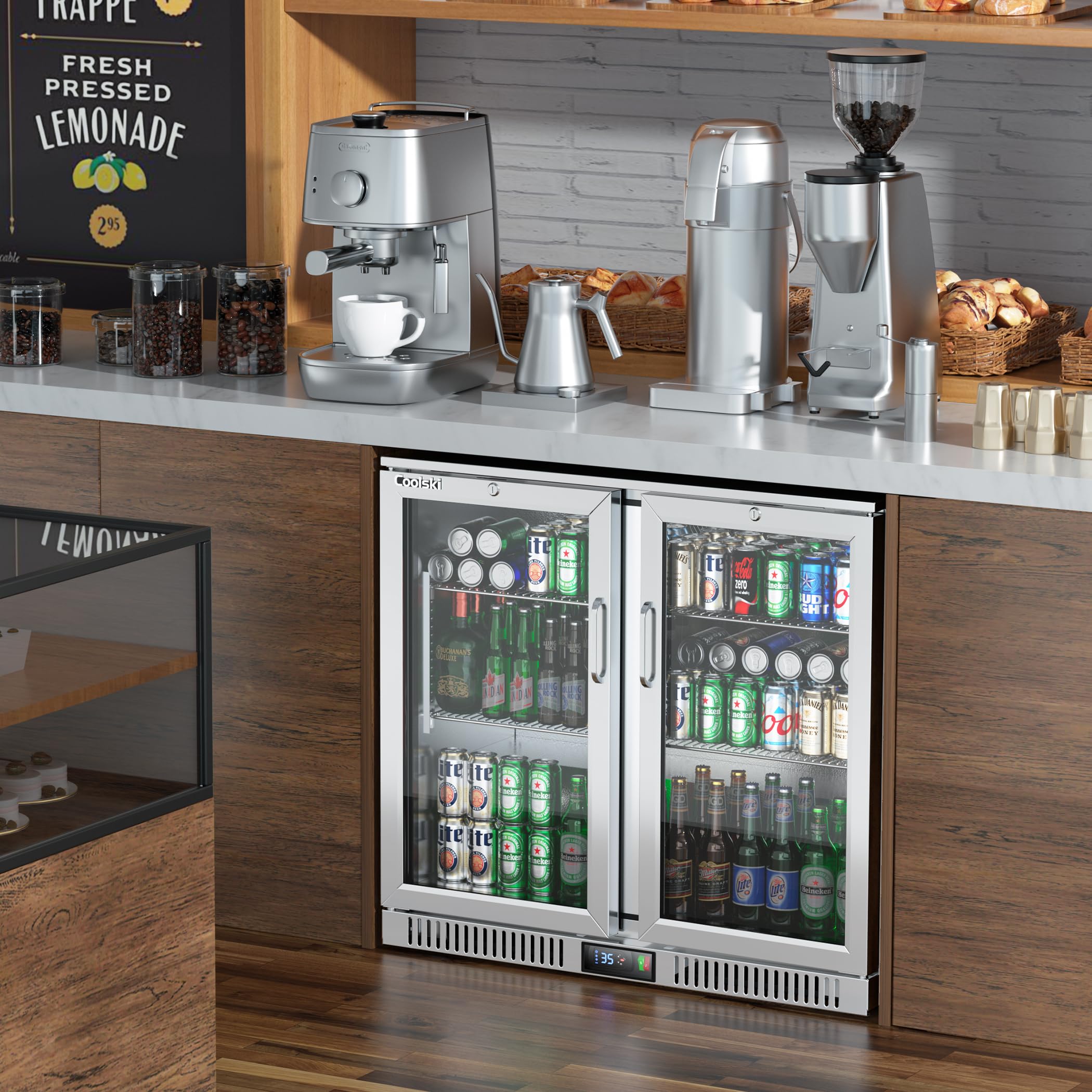 Coolski Back Bar Cooler Counter Height Beverage Refrigerator with 2 Glass Doors, Commercial Undercounter Display Fridge for Beer Soda Wine, 7.4 Cu.Ft. Capacity/LED Lighting/ETL NSF Approved