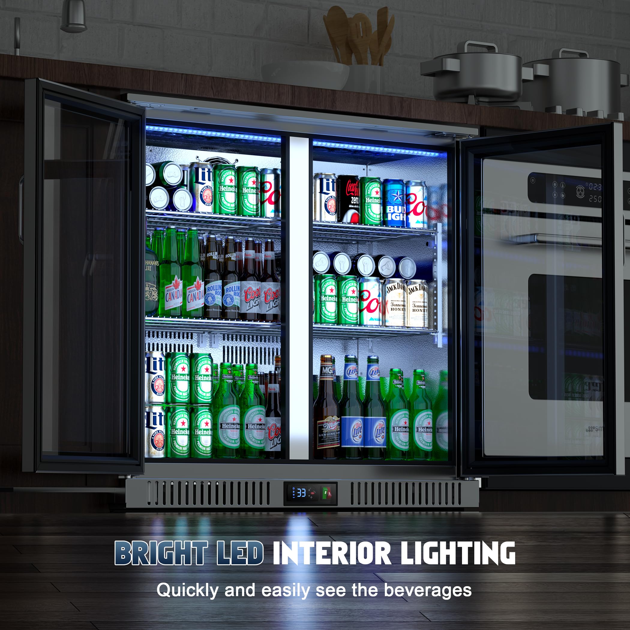 Coolski Back Bar Cooler Counter Height Beverage Refrigerator with 2 Glass Doors, Commercial Undercounter Display Fridge for Beer Soda Wine, 7.4 Cu.Ft. Capacity/LED Lighting/ETL NSF Approved