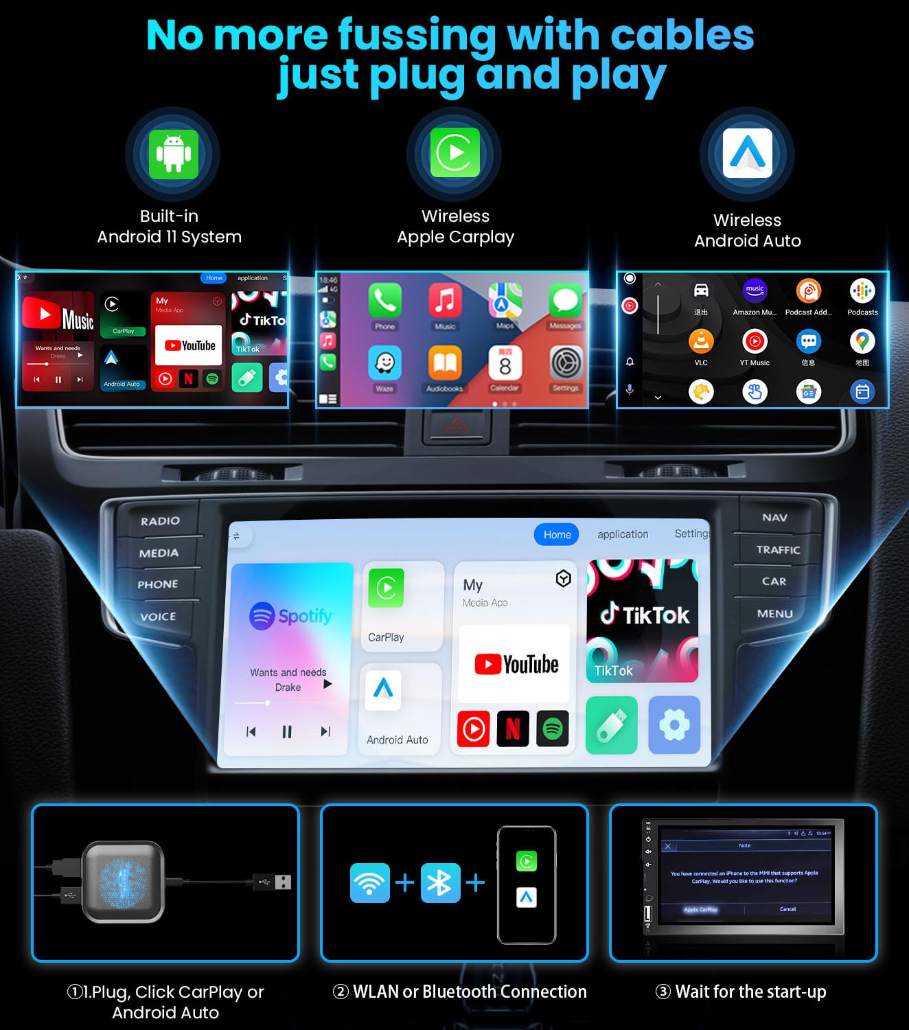 Wireless Carplay & Android Auto Adapter with Netflix YouTube Tiktok, Upgrade LED Wireless Android Auto Adapter HDMI Dongle for Phone to Miracast/Stream Media to Car/TV, for OEM Wired CarPlay Car