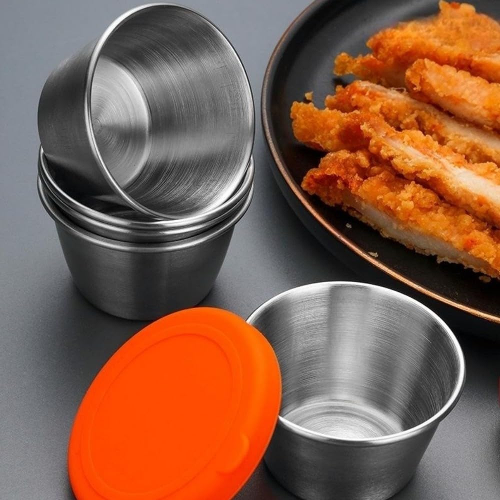 DREAM HORSE 9PCS Salad Dressing Container To Go, Airtight Leakproof Reusable Food Storage, Dipping Sauce Cups Set, Perfect for Snacks, Dips, and Meal Prep, Small Stainless Steel Dipping Sauce Cups