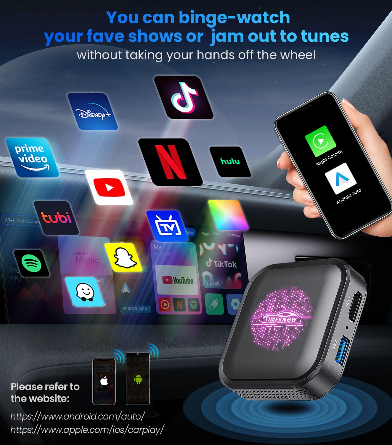 Wireless Carplay & Android Auto Adapter with Netflix YouTube Tiktok, Upgrade LED Wireless Android Auto Adapter HDMI Dongle for Phone to Miracast/Stream Media to Car/TV, for OEM Wired CarPlay Car