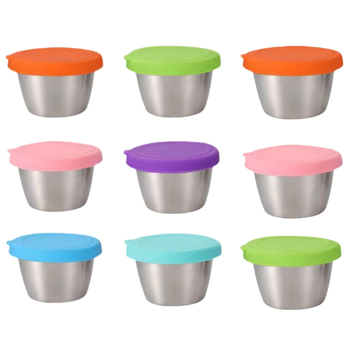 DREAM HORSE 9PCS Salad Dressing Container To Go, Airtight Leakproof Reusable Food Storage, Dipping Sauce Cups Set, Perfect for Snacks, Dips, and Meal Prep, Small Stainless Steel Dipping Sauce Cups