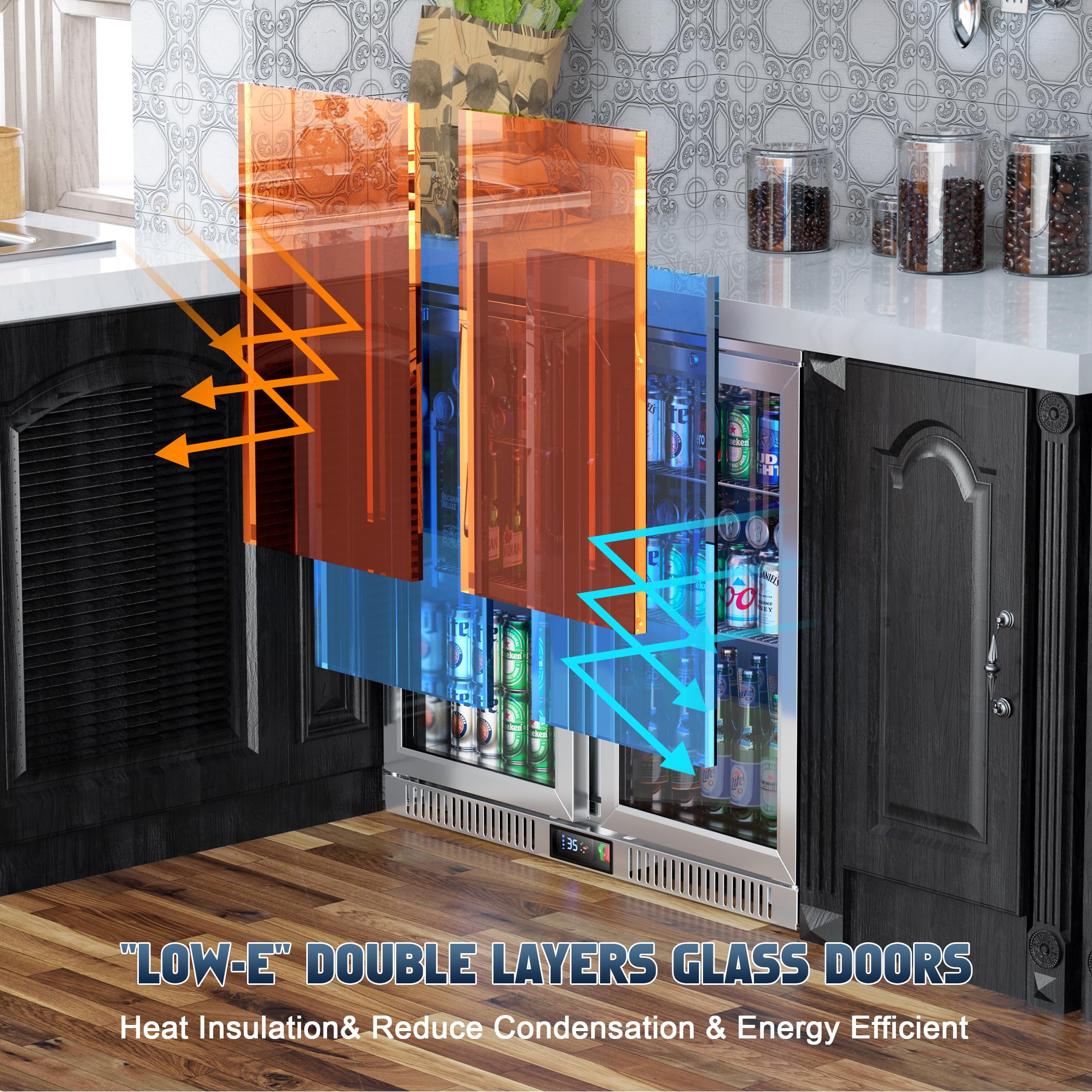Coolski Back Bar Cooler Counter Height Beverage Refrigerator with 2 Glass Doors, Commercial Undercounter Display Fridge for Beer Soda Wine, 7.4 Cu.Ft. Capacity/LED Lighting/ETL NSF Approved