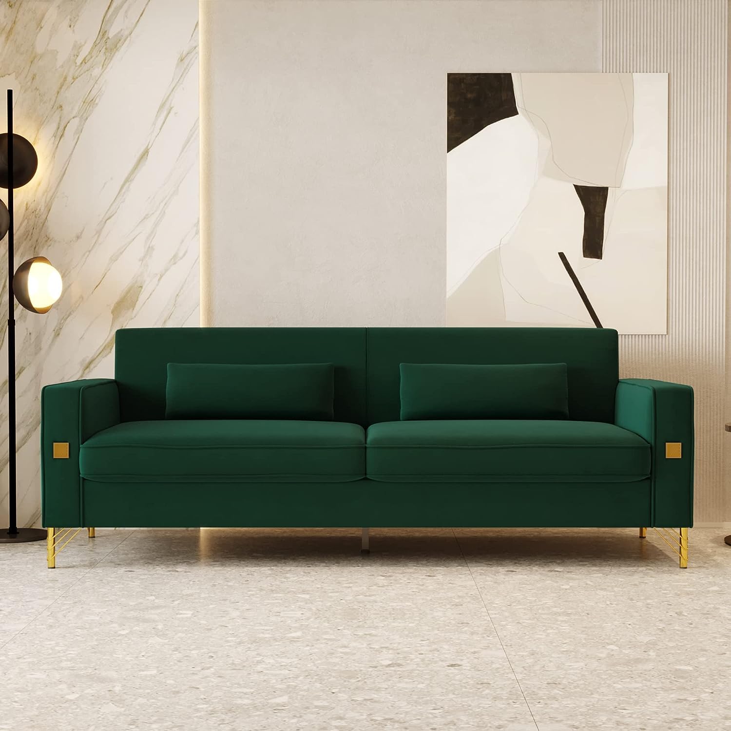Goohome Tufted Couch, Chesterfield Velvet Upholstered 3-Seater Comfy Sofa, Living Room Furniture Sets W/Solid Wood Frame and Gold Legs, Fit for Bedroom, Apartment