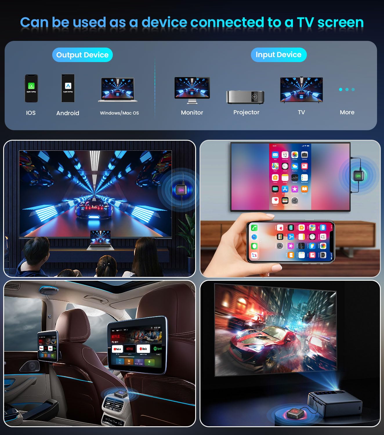 Wireless Carplay & Android Auto Adapter with Netflix YouTube Tiktok, Upgrade LED Wireless Android Auto Adapter HDMI Dongle for Phone to Miracast/Stream Media to Car/TV, for OEM Wired CarPlay Car