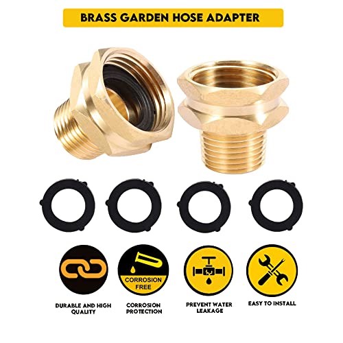 2 Pack of 3/4β GHT Female to 1/2β NPT Male Connector GHT to NPT Adapter Brass Fitting, Garden Hose Thread Metal Brass Adapters, Includes 4 Washers with 2 Extra Free