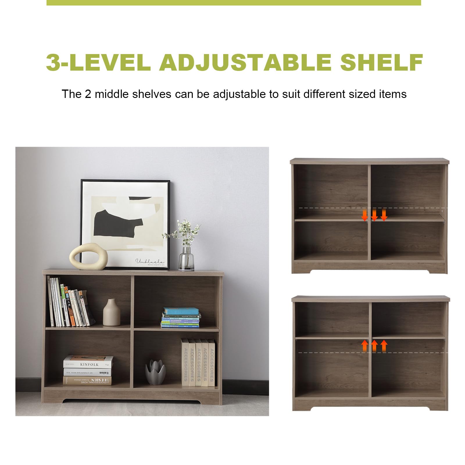 Modern 2 Tier Open Bookcase,Adjustable Shelves 4 Cube Bookshelf with Base, Bookshelves 39.37x 11.69x 28.74 inch Wide,Wood Short Bookshelves Standing Display for Living Room,Bedroom,Grey.