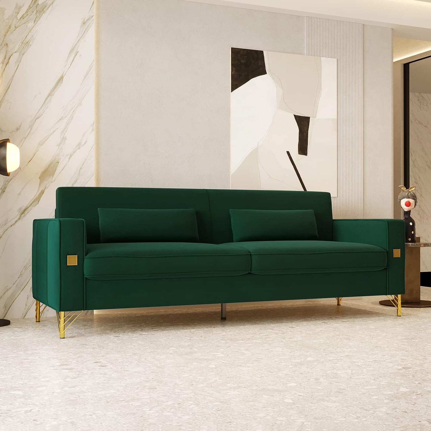 Goohome Tufted Couch, Chesterfield Velvet Upholstered 3-Seater Comfy Sofa, Living Room Furniture Sets W/Solid Wood Frame and Gold Legs, Fit for Bedroom, Apartment