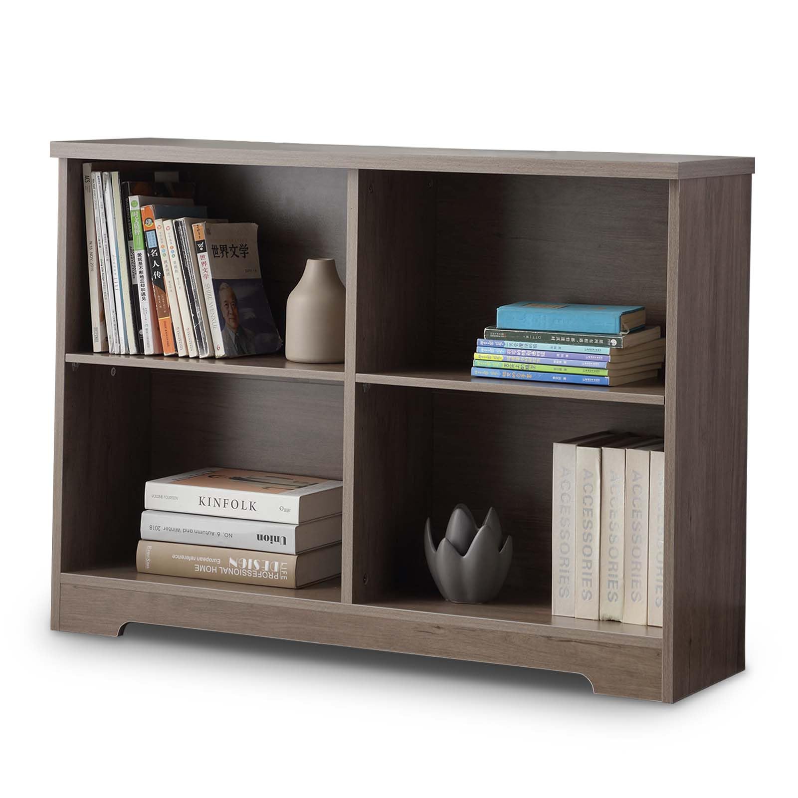 Modern 2 Tier Open Bookcase,Adjustable Shelves 4 Cube Bookshelf with Base, Bookshelves 39.37x 11.69x 28.74 inch Wide,Wood Short Bookshelves Standing Display for Living Room,Bedroom,Grey.