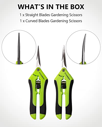STAYGROW 2pcs 6.5" Pruning Shears for Gardening, Ultra Sharp Garden Scissors for Precise Cuts, Stainless Steel Bonsai Clippers with Spring Loaded, 6.5 Inch Garden Shears (1pc Straight & 1pc Curved)