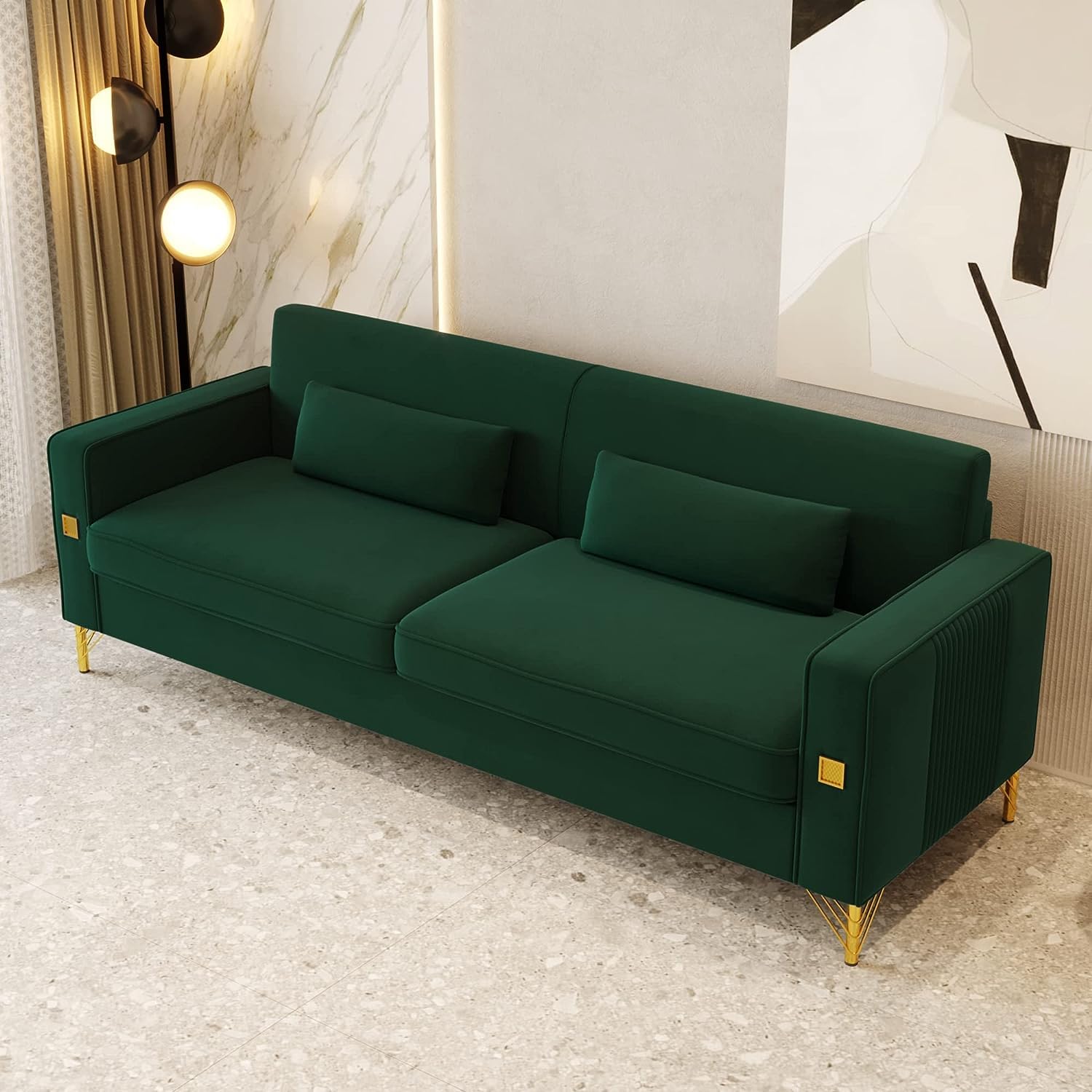 Goohome Tufted Couch, Chesterfield Velvet Upholstered 3-Seater Comfy Sofa, Living Room Furniture Sets W/Solid Wood Frame and Gold Legs, Fit for Bedroom, Apartment
