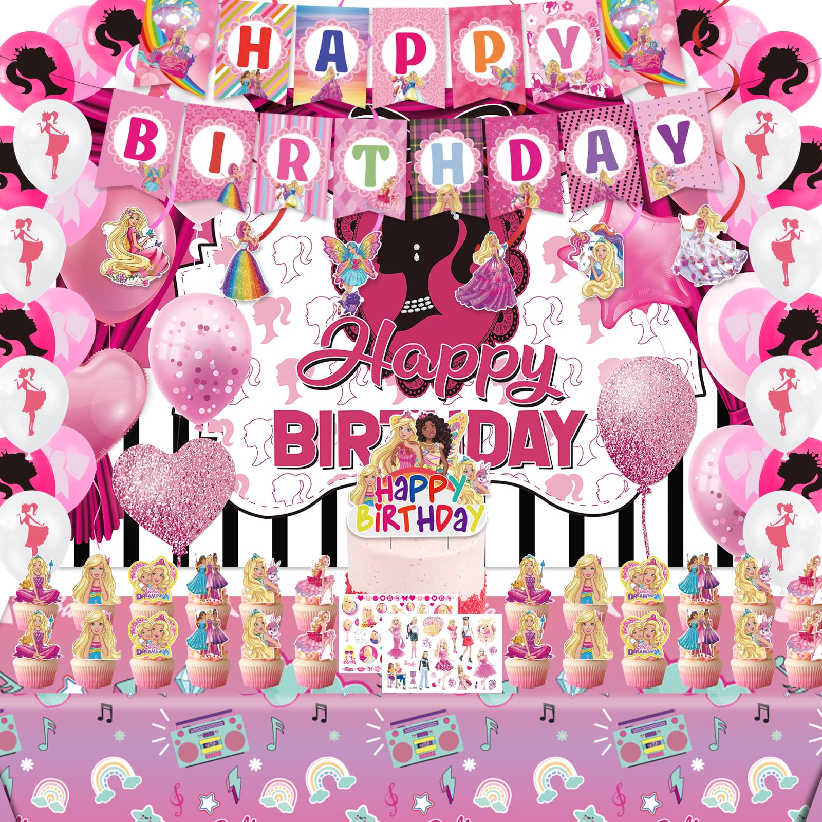 Pink Birthday Party Supplies, 60 Pcs Barbii Birthday Party Decorations Include Banners, Cake Topper,Cupcake Topper,Latex Balloon,Backdrop, Tablewares, Temporary Tattoo Stickers for Girls