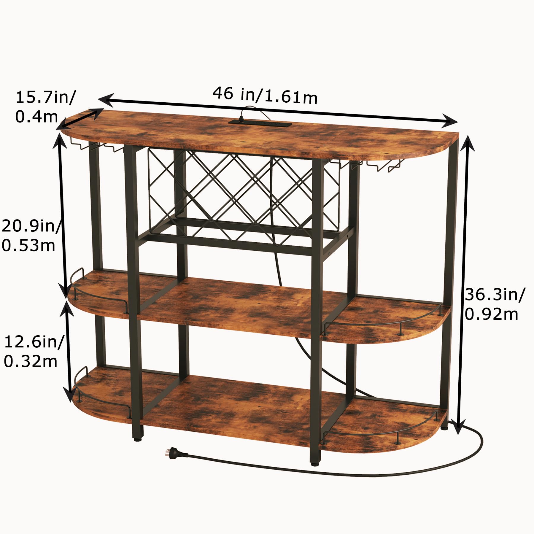 ZOPEND Wine Cabinet Coffee Table with Power Socket and LED Light, Three Tiers Coffee Bar Table Wine Rack Liqour Bar with Large Storage for Home Kitchen (Retro Brown)