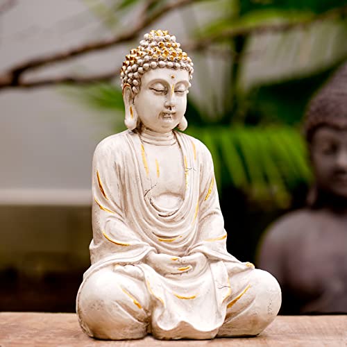 Goodeco 11.4 Meditating Zen Buddha Statue Figurine Sculpture - Indoor/Outdoor Decor for Home,Garden,with Natural Wood Beaded Necklace,Polyresin (White Gold)