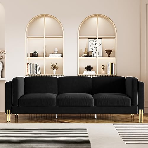 LostCat 94" Velvet Sofa, 94" Sofa Chesterfield Velvet Upholstered Mid-Century Modern Loveseat Couches Large Comfort Sofa, Three-seat Living Room Couch for Living Room Apartment, Black