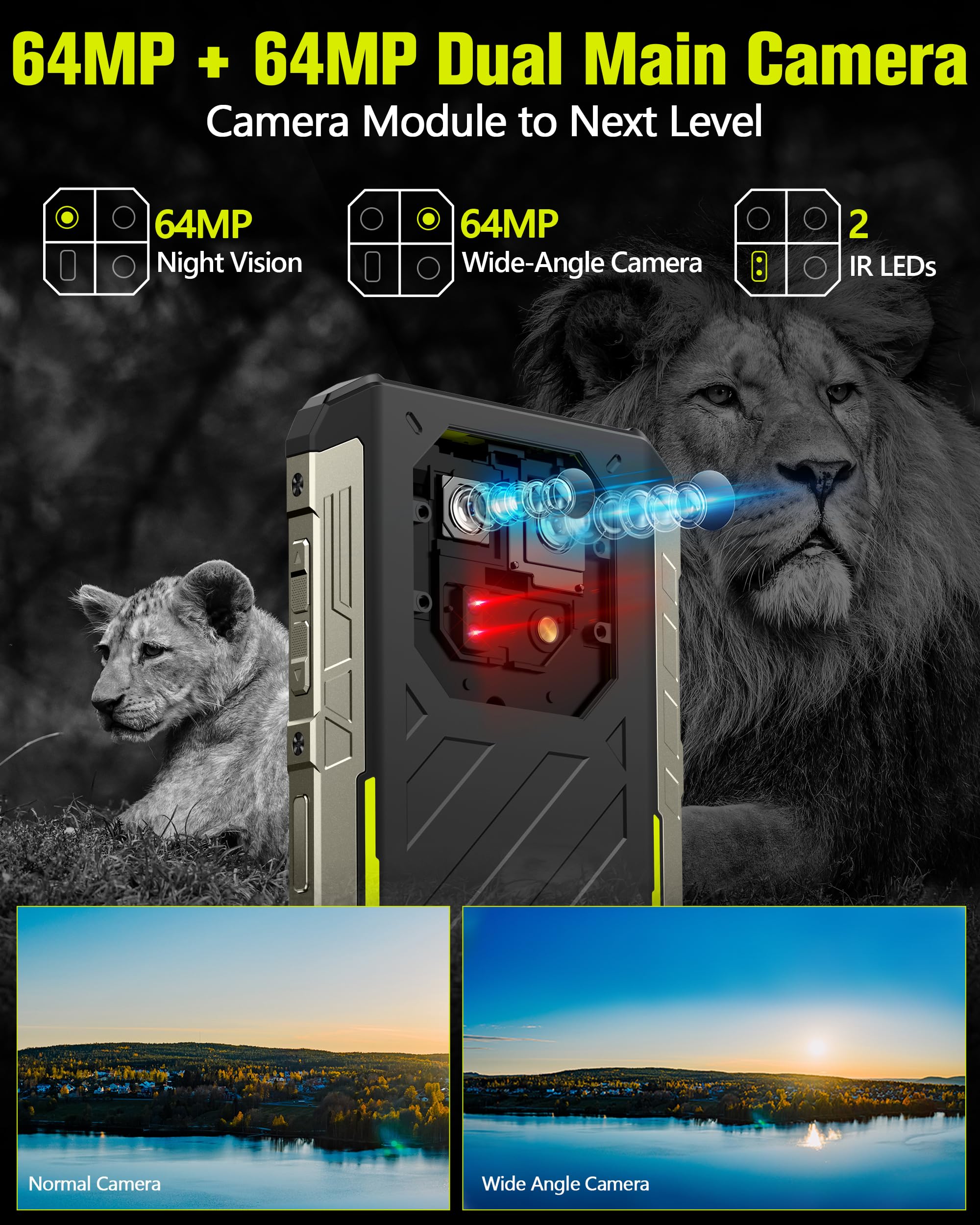 Ulefone Armor 22 Rugged Cell Phones, 16+256GB, 64MP+64MP Dual Cameras, Android 14, 6600mAh, 33W Fast Charging, 3-Card Sot Rugged Smartphone, Face/Fingerprint Unlock, NFC T-Mobile(Green)