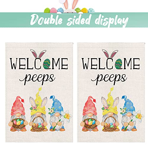 Easter Garden Flags 12x18 Double Sided - Spring Gnome Welcome Yard Flag Burlap Bunny Easter Outdoor Decorations Welcome Peeps