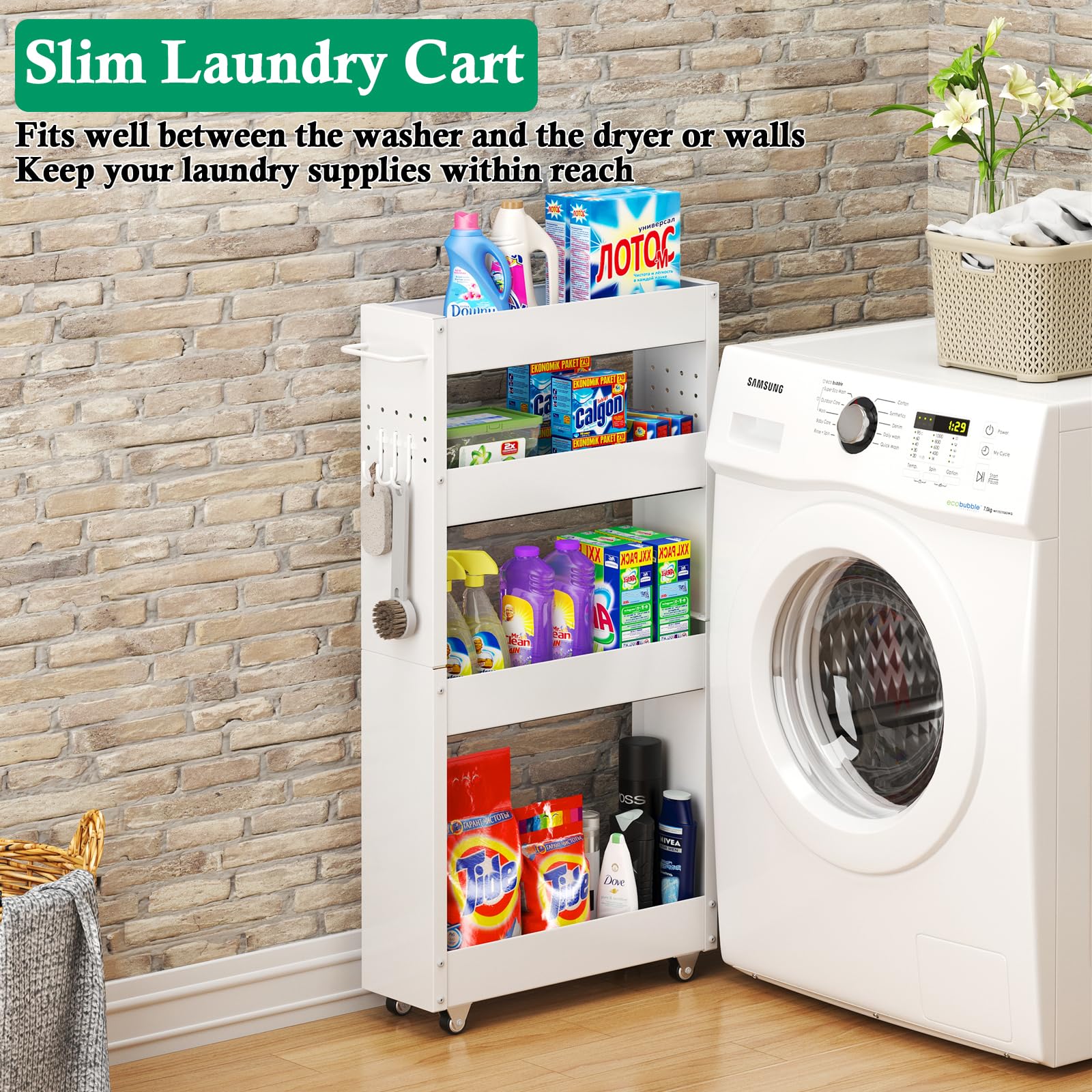 OKZEST Slim Storage Cart, 4-Tier Narrow Rolling Kitchen Laundry Cart on Wheels, Utility Metal Narrow Bathroom Storage Cabinet Organization Shelf for Small Spaces Between the Washer and Dryer, 5" Width