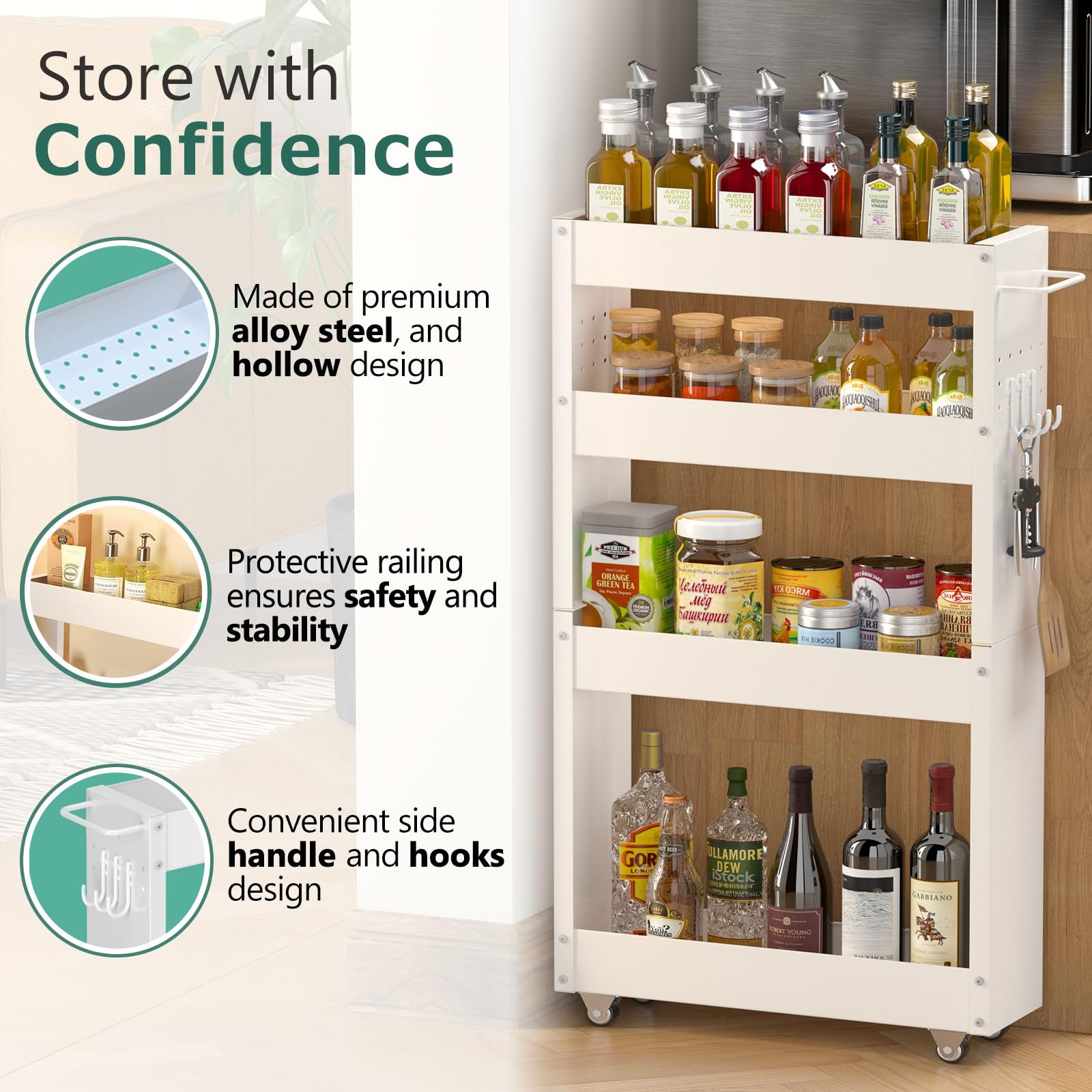 OKZEST Slim Storage Cart, 4-Tier Narrow Rolling Kitchen Laundry Cart on Wheels, Utility Metal Narrow Bathroom Storage Cabinet Organization Shelf for Small Spaces Between the Washer and Dryer, 5" Width