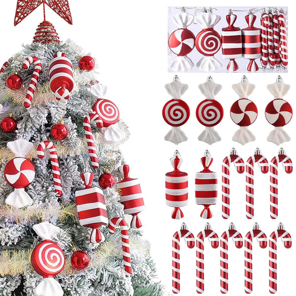 14Pcs Christmas Candy Cane Lollipop Ornaments for Christmas Tree Decorations,Red and White 6.5Inch Assorted Shapes Hanging Ornament with Ribbon for Xmas New Year Holiday Festival Home Party Decor