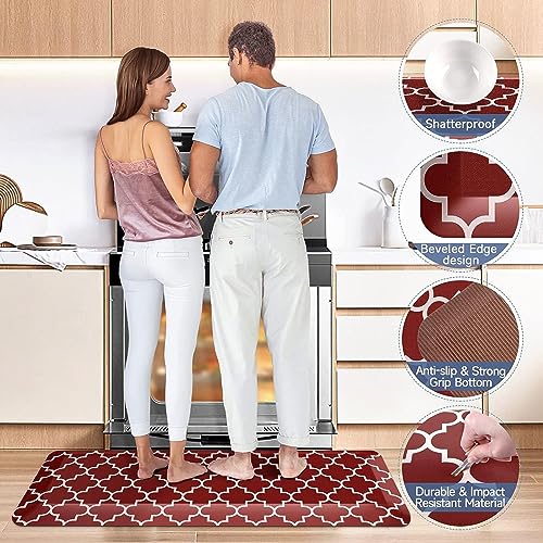 VRINO 0.47 InchThick Kitchen Floor Mat , Waterproof, Easy Clean, Non-Slip Kitchen Memory Foam Floor Mats , for House Sink Office,Red-17.3×60""