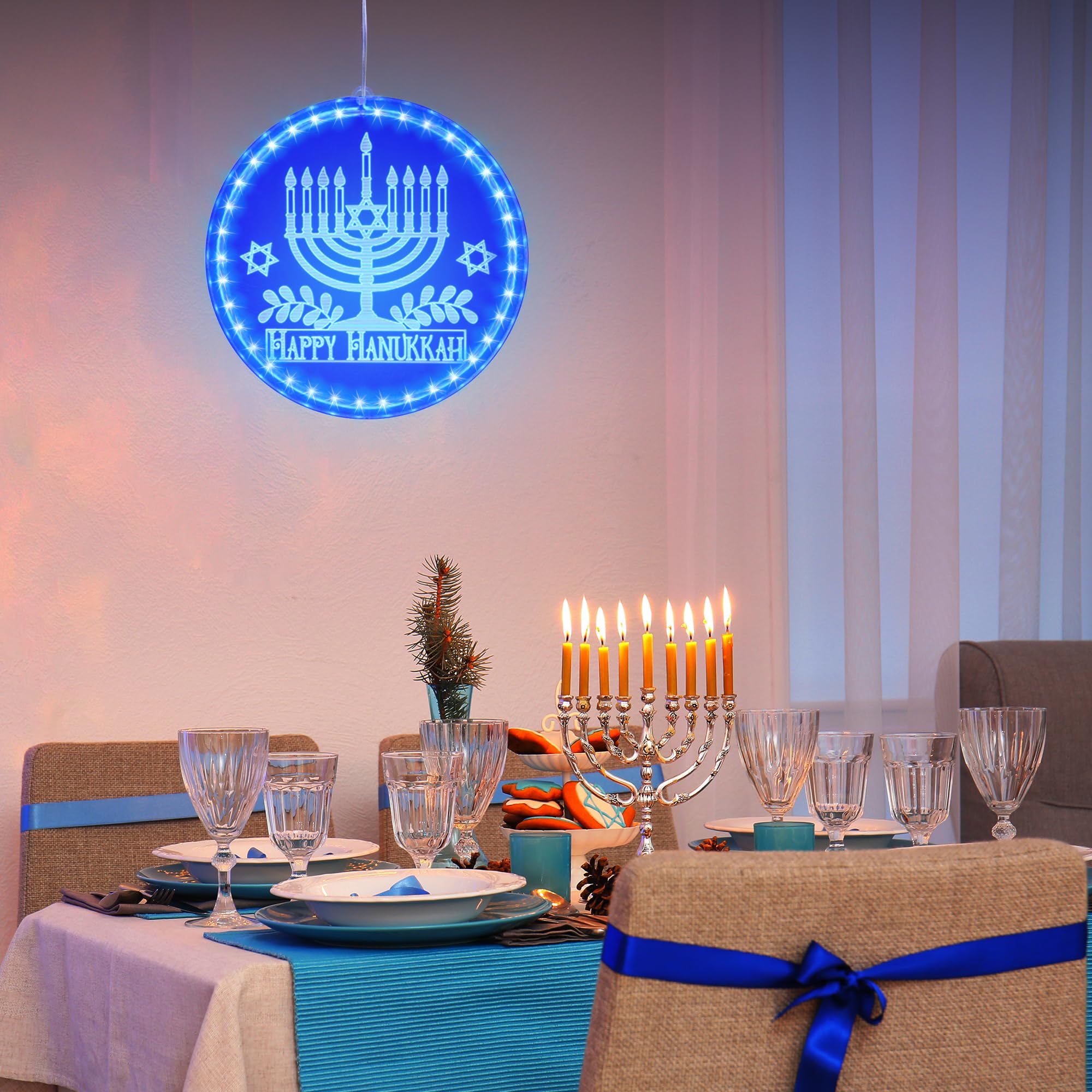 Hanukkah Decorations Window Lights, 8.3" Blue Hanukkah Menorah Star of David Chanukah Lights, Battery Operated Hanukkah Lights Window Decorations for Home Hanukkah Gift Holiday Decor