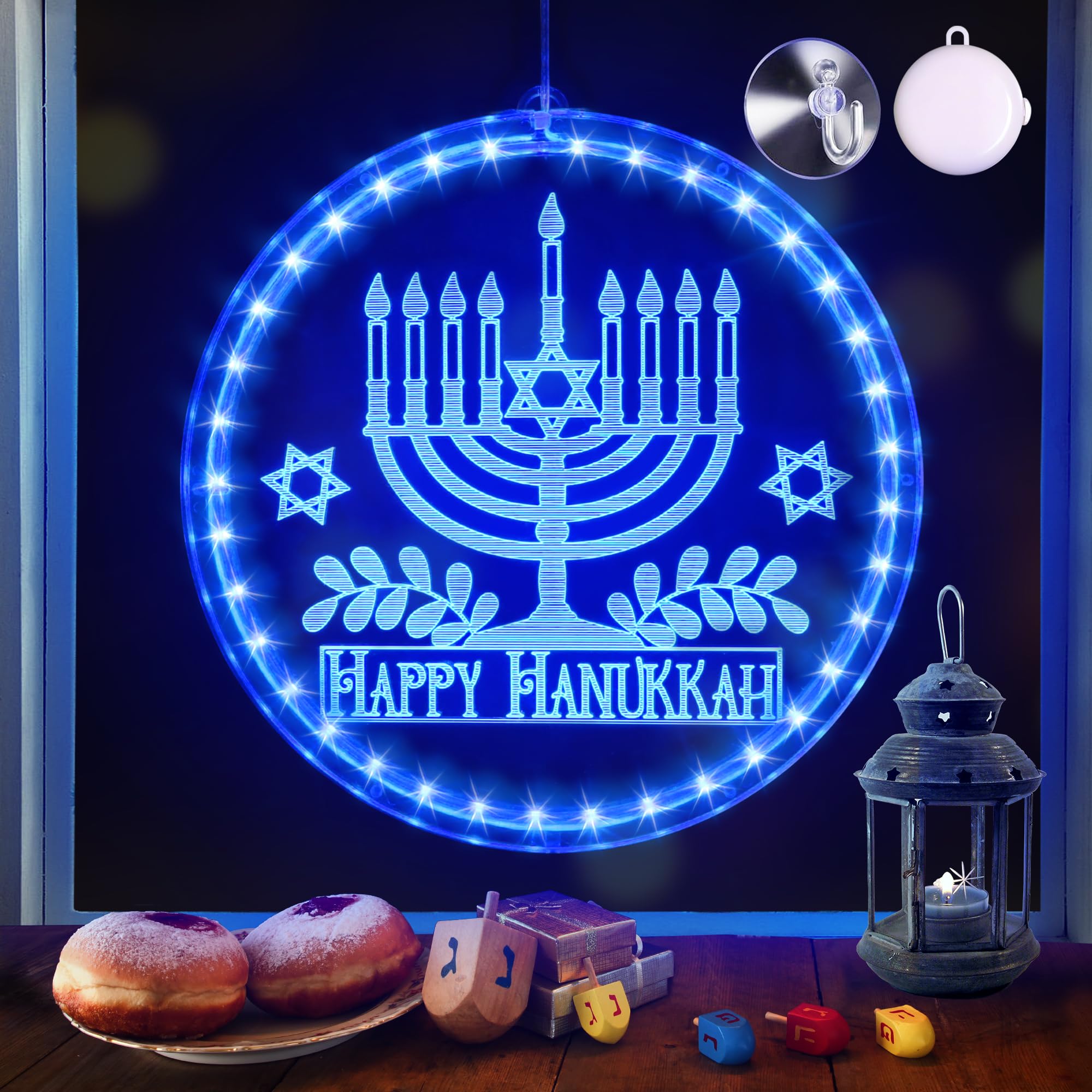 Hanukkah Decorations Window Lights, 8.3" Blue Hanukkah Menorah Star of David Chanukah Lights, Battery Operated Hanukkah Lights Window Decorations for Home Hanukkah Gift Holiday Decor
