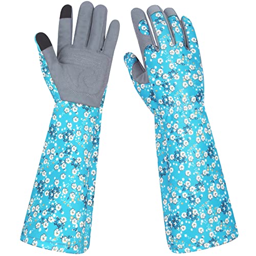MERTURN Leather Long Gardening Gloves for Women, Long Sleeve Garden Gloves Touch Screen Design Gardening Gloves Thorn Proof Yard Working Gloves Gardening Gifts for Women Men Gardener
