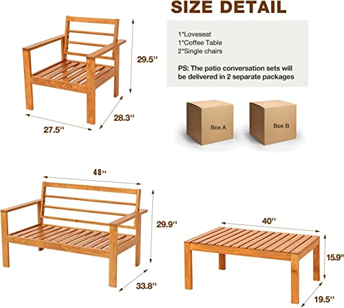YOLENY 4 Piece Patio Conversation Set, Outdoor Coffee Table with Soft Cushions Chairs, Wood Furniture Set Outdoor Sofa Set for Garden, Poolside, and Backyard