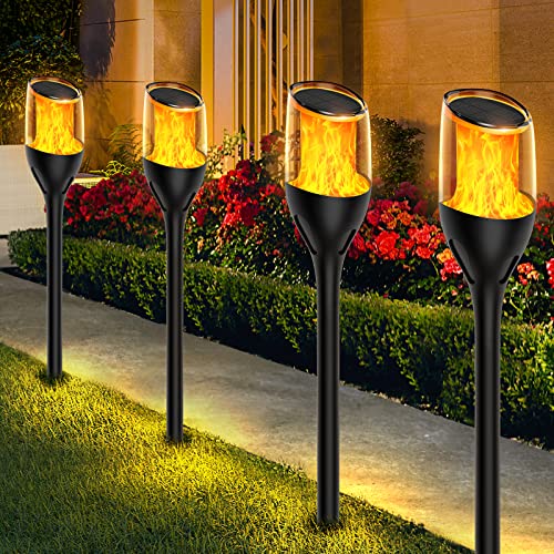 WdtPro Solar Outdoor Lights 6 Pack, Taller Waterproof Solar Tiki Torches with Flickering Flame, Decorative Solar Garden Lights, LED Torch Lights Auto On/Off Outdoor Solar Lights for Yard Pathway Décor