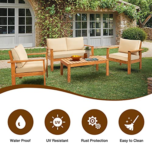 YOLENY 4 Piece Patio Conversation Set, Outdoor Coffee Table with Soft Cushions Chairs, Wood Furniture Set Outdoor Sofa Set for Garden, Poolside, and Backyard