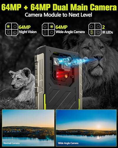 Ulefone Armor 22 Rugged Cell Phone Android 14, Up to 16+128GB, 64MP Night Vision Camera, 64MP Wide-Angle Camera, 6600mAh, 120Hz Display, NFC/GPS, 4G LTE Smartphone Unlocked (Black)