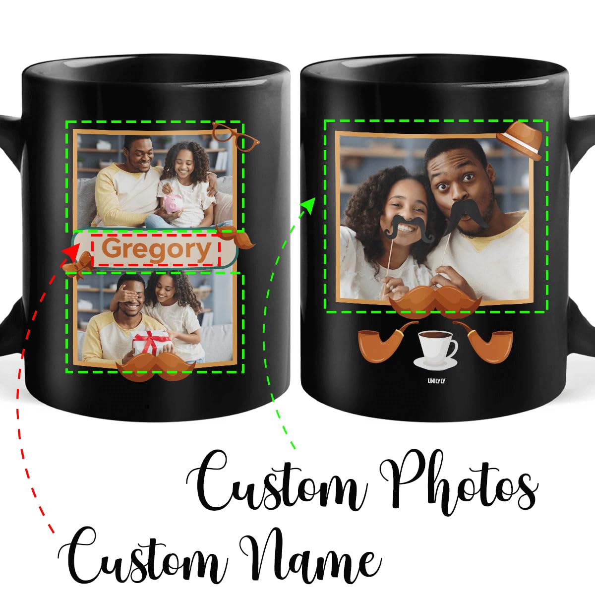 Black Ceramic Coffee Mug Photo Mugs Personalized Picture Custom Name Birthday Gifts For Fathers Day Men Dad Grandpa Husband Drinking Tea Cups Table Desk Accessories 11 and 15 Oz