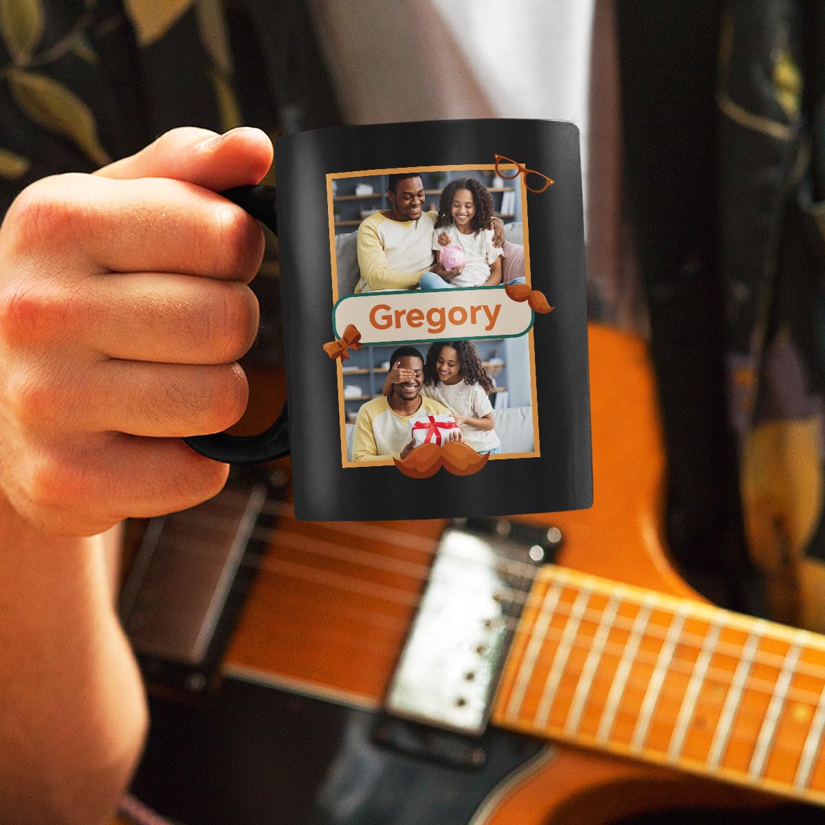 Black Ceramic Coffee Mug Photo Mugs Personalized Picture Custom Name Birthday Gifts For Fathers Day Men Dad Grandpa Husband Drinking Tea Cups Table Desk Accessories 11 and 15 Oz