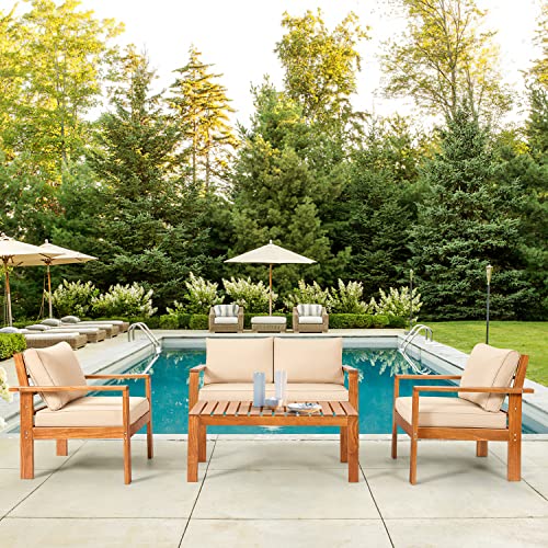 YOLENY 4 Piece Patio Conversation Set, Outdoor Coffee Table with Soft Cushions Chairs, Wood Furniture Set Outdoor Sofa Set for Garden, Poolside, and Backyard