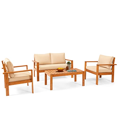 YOLENY 4 Piece Patio Conversation Set, Outdoor Coffee Table with Soft Cushions Chairs, Wood Furniture Set Outdoor Sofa Set for Garden, Poolside, and Backyard