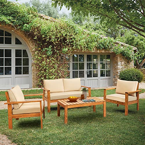 YOLENY 4 Piece Patio Conversation Set, Outdoor Coffee Table with Soft Cushions Chairs, Wood Furniture Set Outdoor Sofa Set for Garden, Poolside, and Backyard