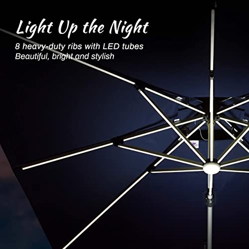 PURPLE LEAF 10 Feet Double Top Deluxe Solar Powered LED Square Patio Umbrella Offset Hanging Umbrella Outdoor Market Umbrella Garden Umbrella, Navy Blue