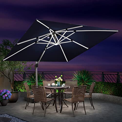 PURPLE LEAF 10 Feet Double Top Deluxe Solar Powered LED Square Patio Umbrella Offset Hanging Umbrella Outdoor Market Umbrella Garden Umbrella, Navy Blue