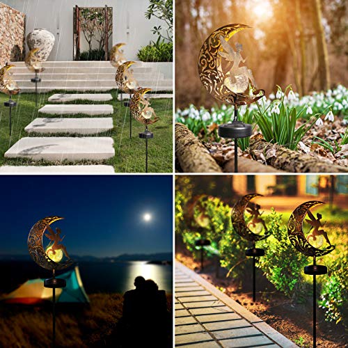 YJFWAL Garden Solar Lights Pathway Stake Lights Moon Fairy Glass Globe with Angel Decor, Outdoor Decorative Lights Waterproof for Walkway, Yard, Lawn, Patio or Courtyard Halloween Decor(Warm White)