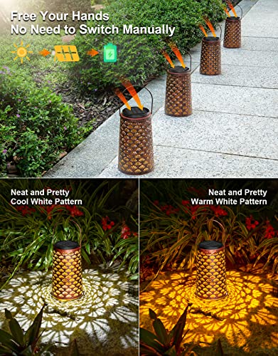 JSOT Solar Lanterns Outdoor Waterproof,2 Pack Hanging Lantern Decorative Metal Outdoor Lights for Backyard Porch Patio Table Yard Balcony Teepee Lawn Pathway Tree 2 Modes Warm/Cool White