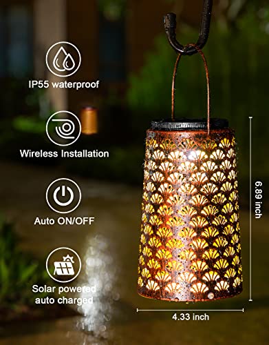 JSOT Solar Lanterns Outdoor Waterproof,2 Pack Hanging Lantern Decorative Metal Outdoor Lights for Backyard Porch Patio Table Yard Balcony Teepee Lawn Pathway Tree 2 Modes Warm/Cool White