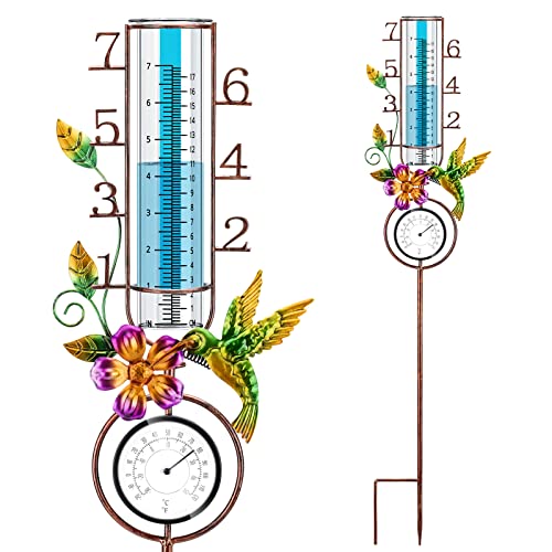 SYSUVANA Rain Gauge Outdoor with Outdoor Thermometer for Garden, Easy to Read Metal Stake with 7 Inch Replacement Glass Tube, Sunflower Hummingbird Décor for Yard Garden Patio Lawn
