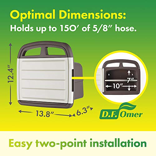 DF OMER Plastic Garden Water Hose Holder with Storage Compartment Fits 150 ft. Hose – 10x7x5 in. Weatherproof Wall Mount Hose Rack Hanger for Outside with 2 Shelves for Garden Equipment