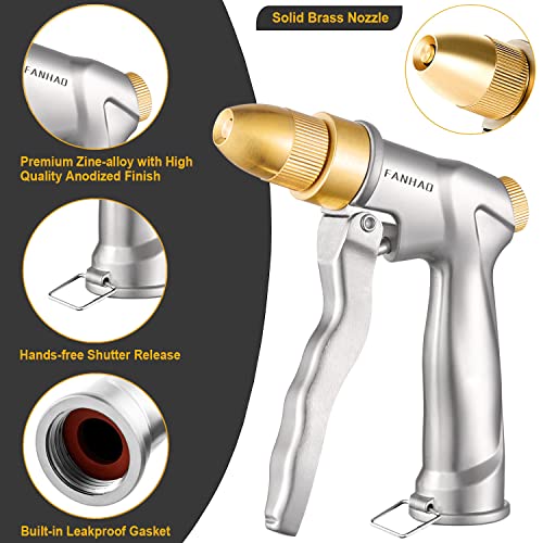 FANHAO Garden Hose Nozzle with Brass Tip, 100% Heavy Duty Metal Spray Nozzle High Pressure Water Nozzle with Adjustable Spray Patterns for Watering Plants, Washing Cars and Showering Pets